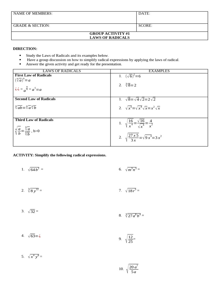 Group Activity 1 - Laws of Radicals | PDF