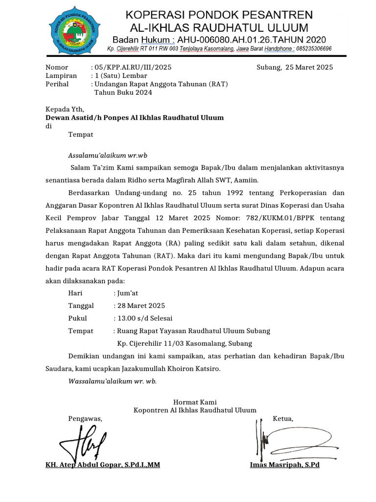 Undangan RAT Koperasi Al Ikhlas 2025 | PDF