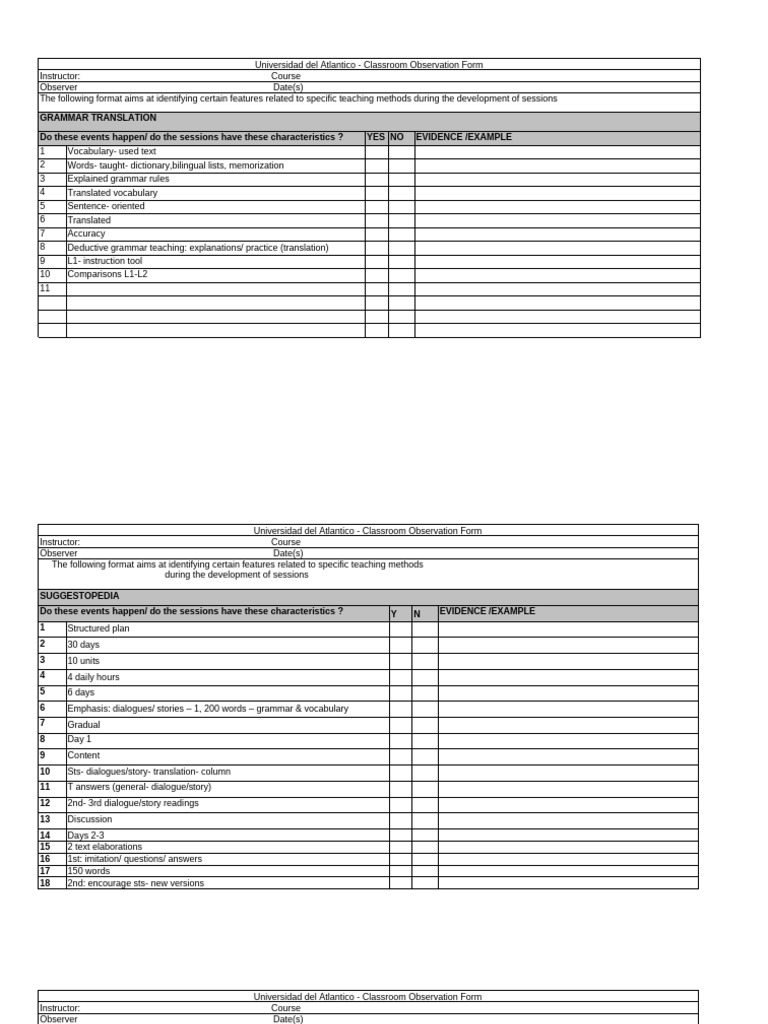 Classroom Observation Form for Teaching Methods | PDF | Teaching Method ...