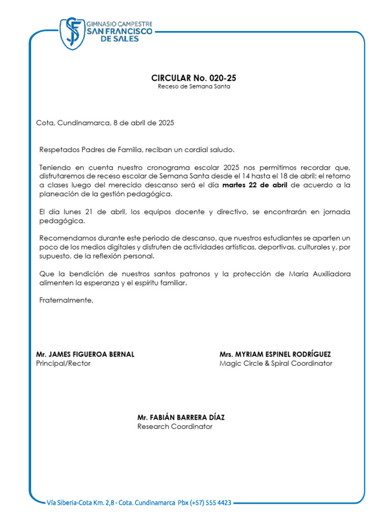 CIRCULAR+020+-+RECESO+DE+SEMANA+SANTA | PDF
