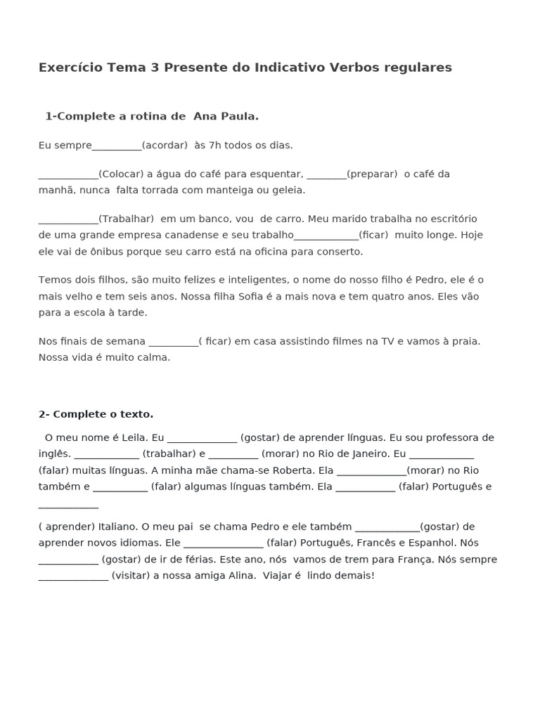 TEMA3 - Exercício-VERBOS REGULARES PRESENTE DO INDICATIVO. | PDF