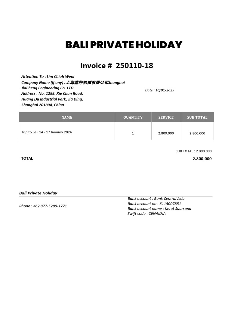 Bali Private Holiday Invoice | PDF