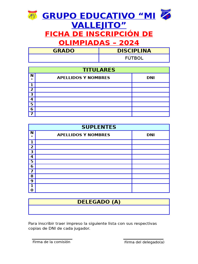 FICHA DE INSCRIPCIÓN DE OLIMPIADAS - 2024 | PDF