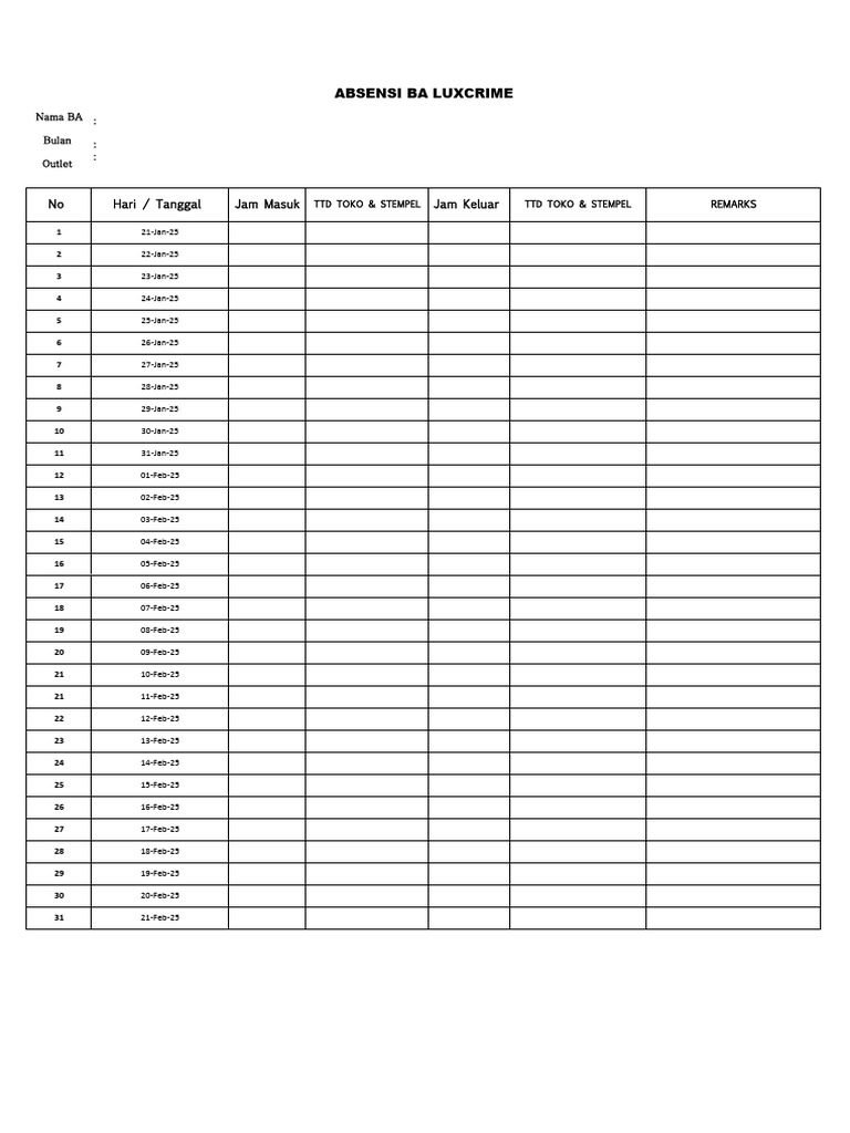 Form Absen Ba Luxcrime All Area | PDF