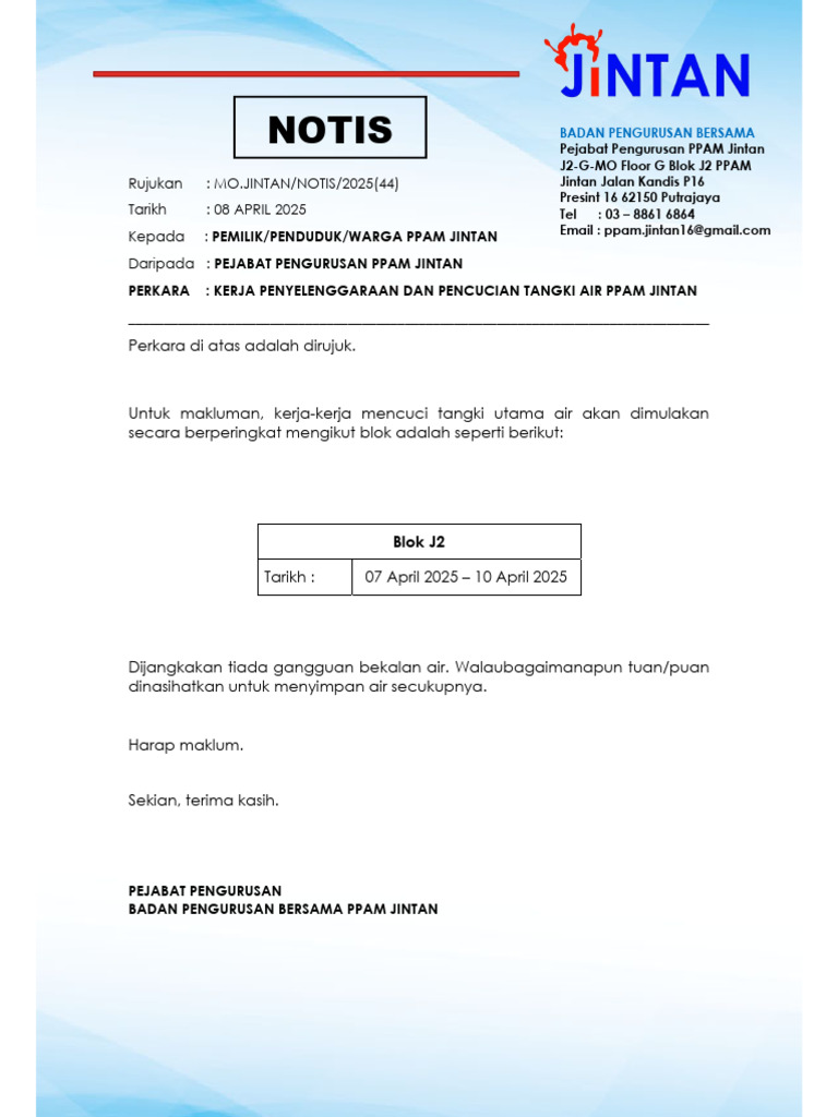 Notis Kerja-Kerja Mencuci Tangki Air Utama | PDF