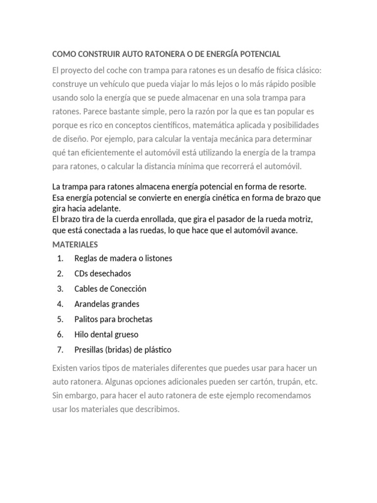 Como Construir Auto Ratonera o de Energía Potencial | PDF | Rueda ...