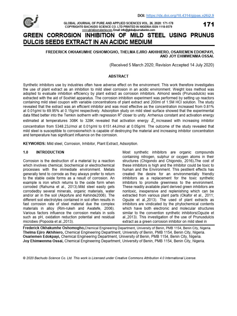 Green Corrosion Inhibition of | PDF | Adsorption | Physical Chemistry