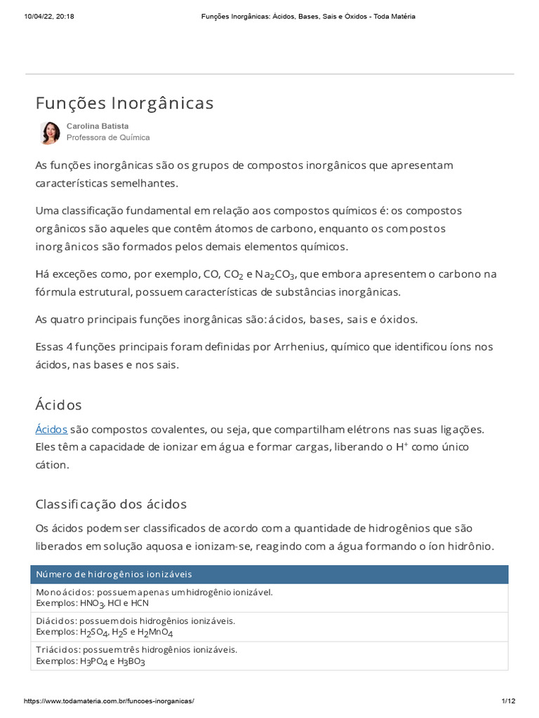 Funções Inorgânicas_ Ácidos, Bases, Sais e Óxidos - Toda Matéria | PDF ...