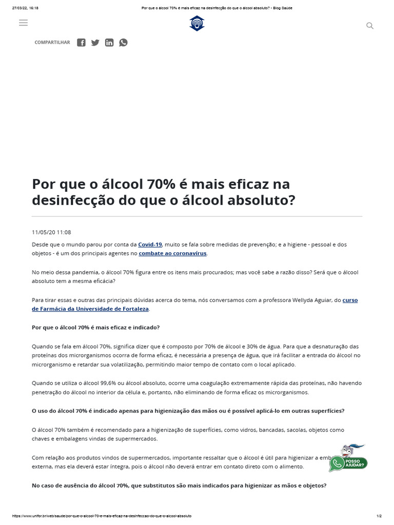 Eficácia do Álcool 70% na Desinfecção | PDF | Desinfetante | Etanol