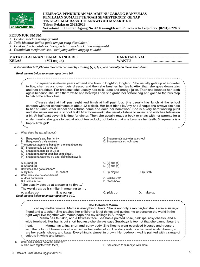 Soal PHB - Ikm - Genap Bahasa Inggris Vii 2022-2023 | PDF