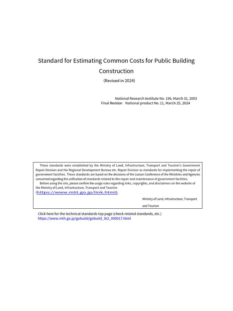 Common Cost Estimation Standards For Public Building Construction, Supervised by The Ministry o ...