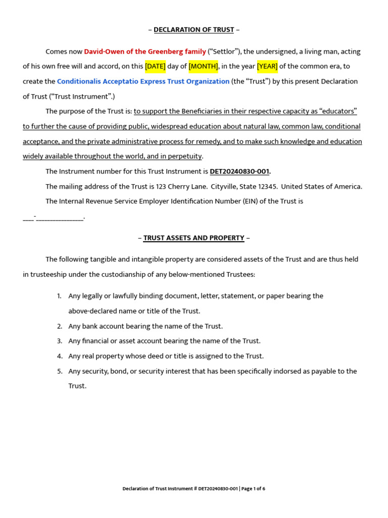 DRAFT - DECLARATION OF TRUST - V1.0 - David Greenberg | PDF | Legal Liability | Tort