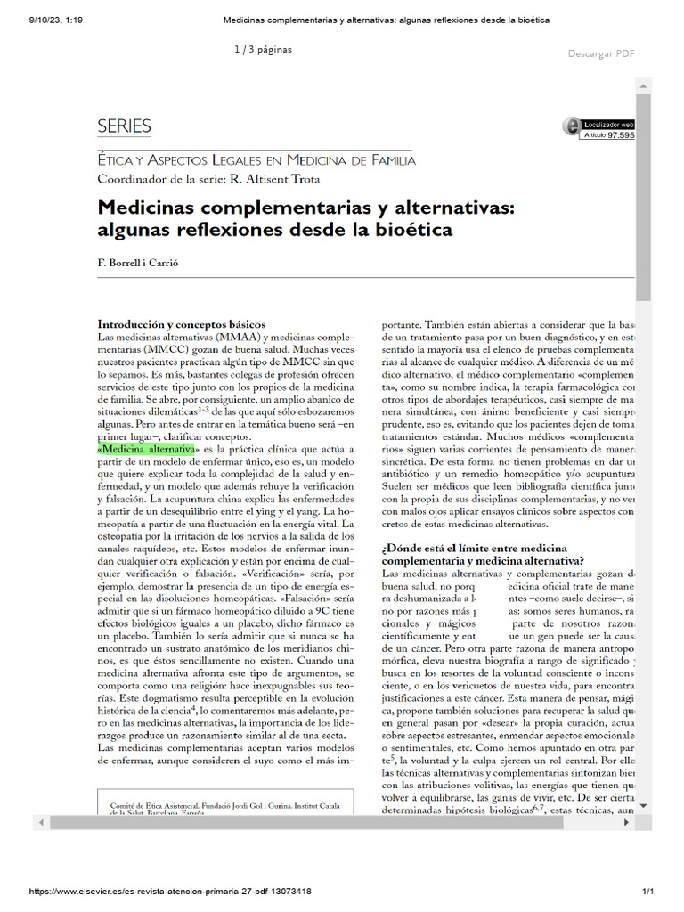 Medicinas complementarias y alternativas_ algunas reflexiones desde la bioética (1) | PDF