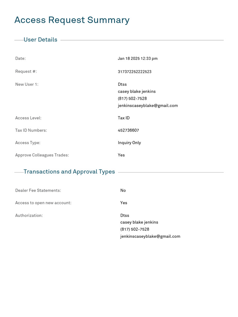 Access Request Summary for Casey Jenkins | PDF