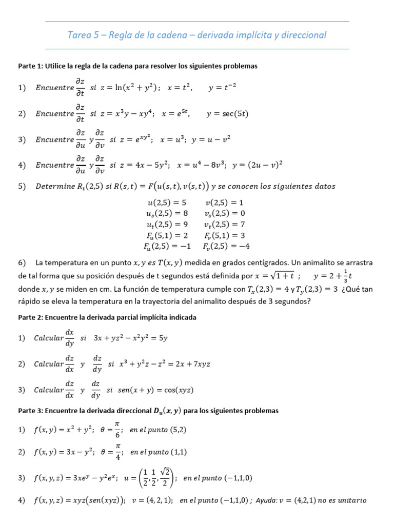 Tarea 5 - Regla de La Cadena - Derivada Implicita y Direccional-1 - 33766946 | PDF | Análisis ...