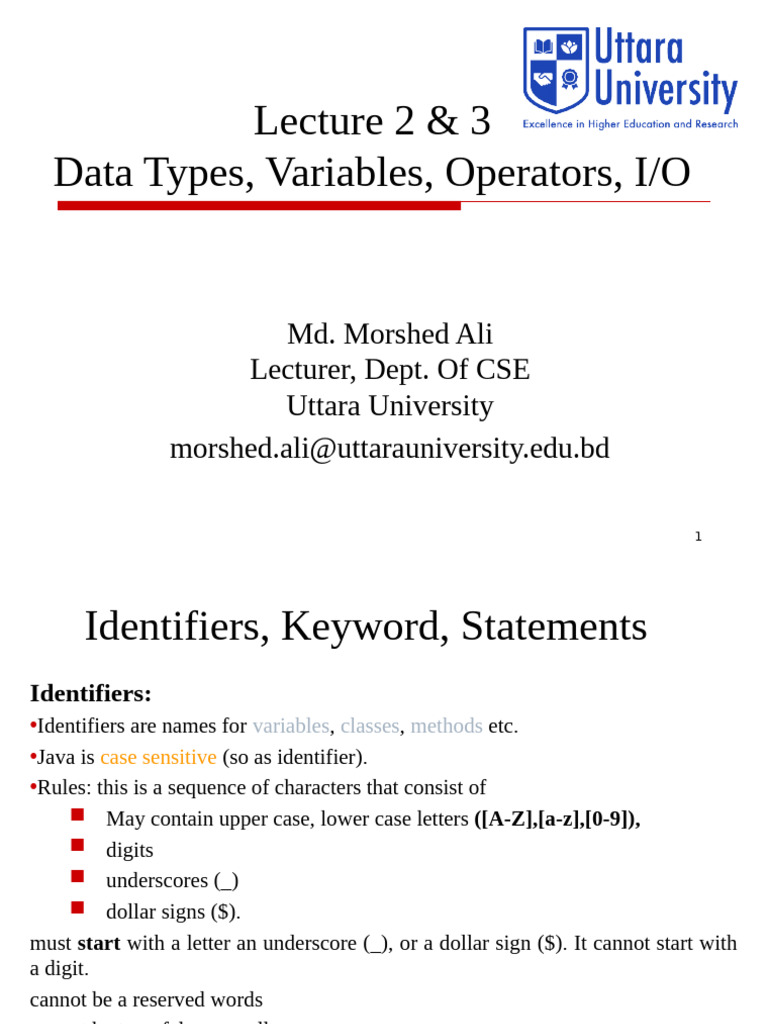 Lecture 2 And 3 Data Types Varibles Operators Io Pdf Reserved Word Integer Computer