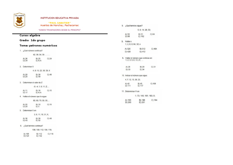 Patrones Numéricos en Álgebra 1er Grado | PDF