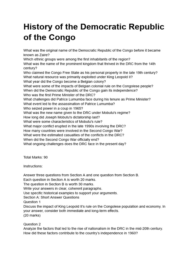 Exam The History of DRC (Zaire) | PDF | Democratic Republic Of The ...