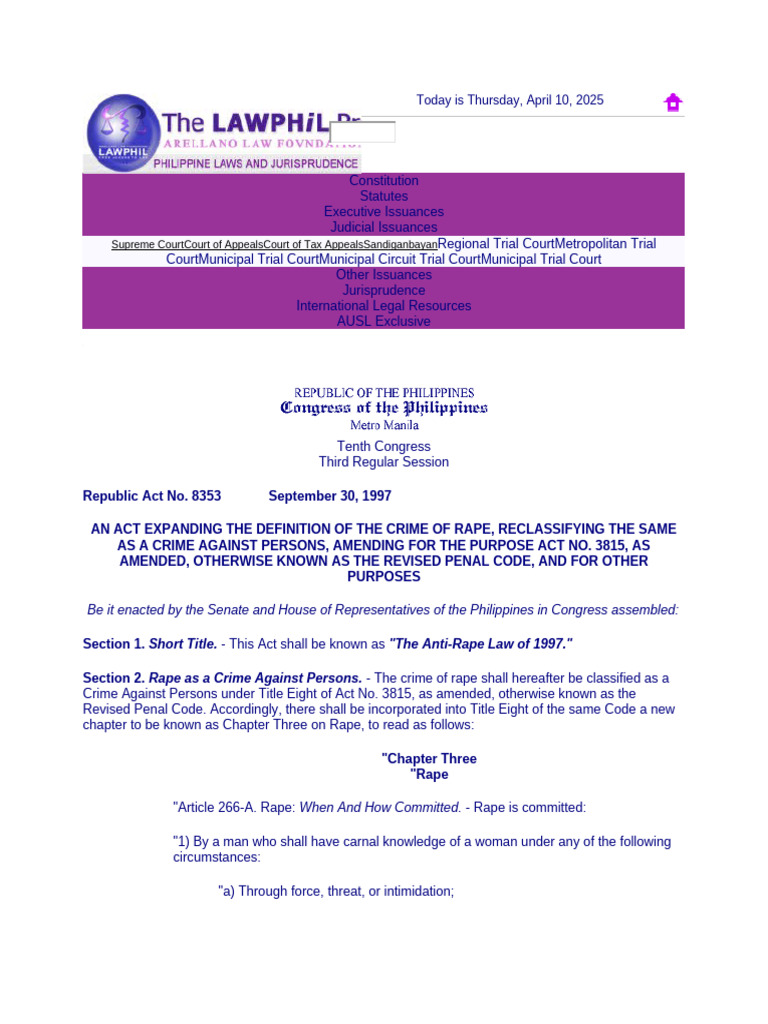 Ra 8353 Lawphil | PDF | Rape | Crimes