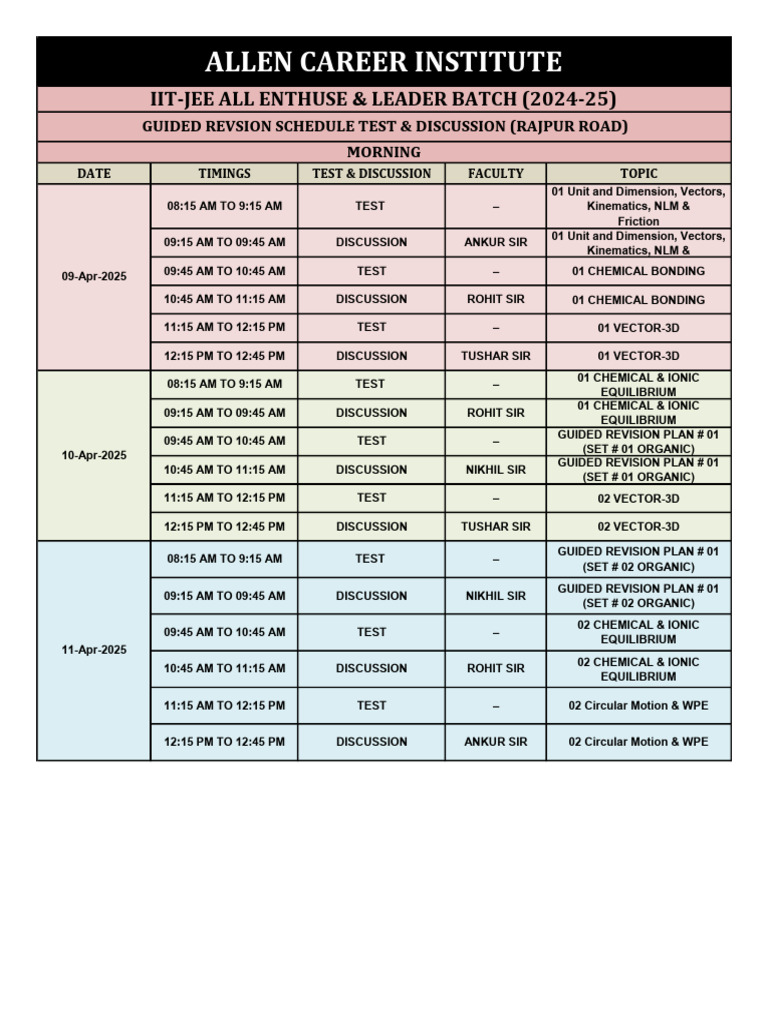 Allen Leader Batch Guided Revision Schedule | PDF | Mechanics | Applied ...