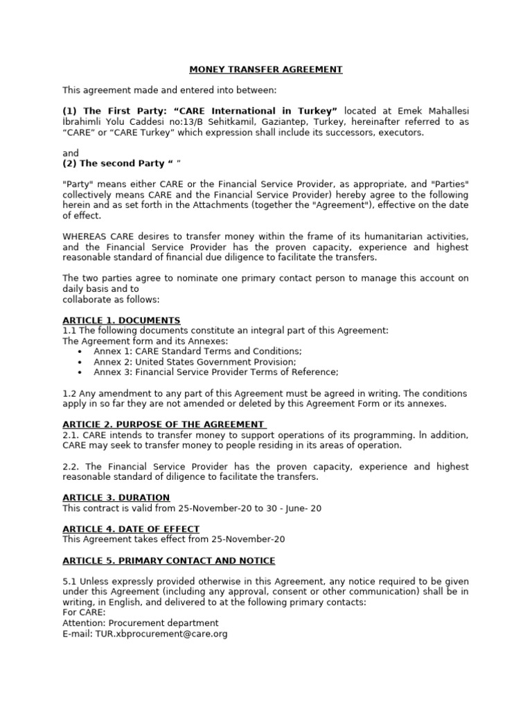 CARE Turkey Money Transfer Agreement | PDF | Indemnity | Arbitration