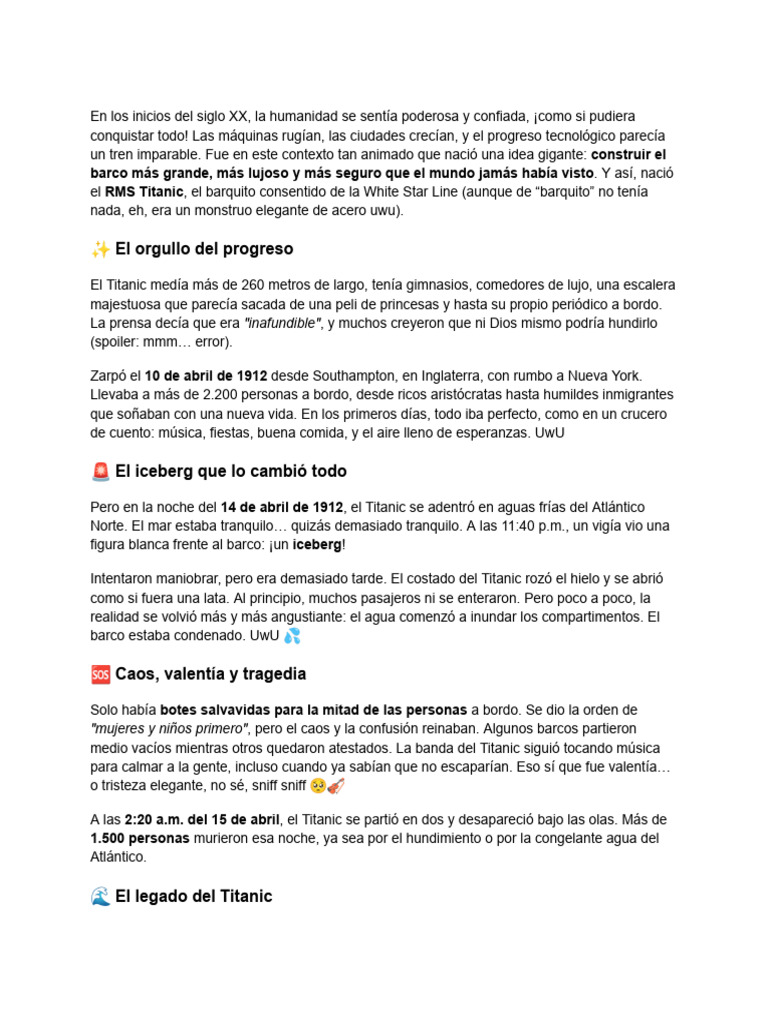El Titanic - El Sueño Que Se Hundió en La Noche Fría Del Atlántico Uwu | PDF | Barcos de ...
