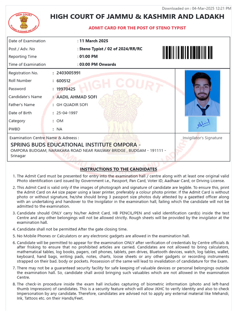 Steno Typist Exam Admit Card 2025 | PDF | Identity Document | Authentication