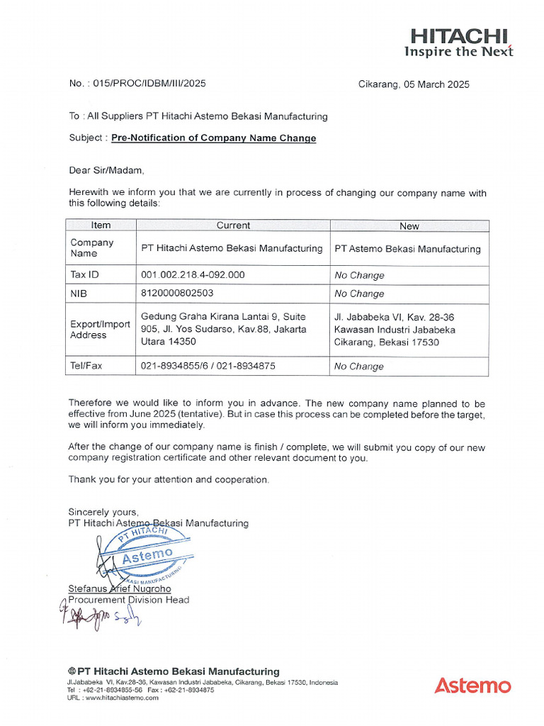 Pre Notification of Company Name Change | PDF