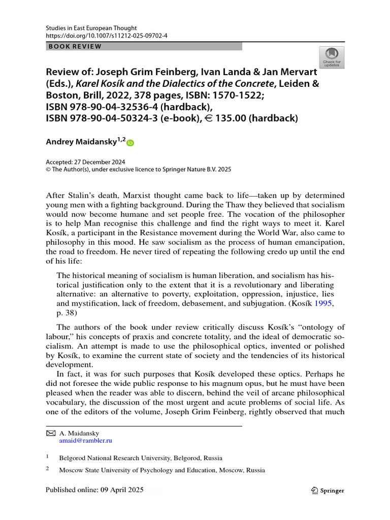 Review of Kosík's Dialectics of the Concrete | PDF | Praxis (Process ...