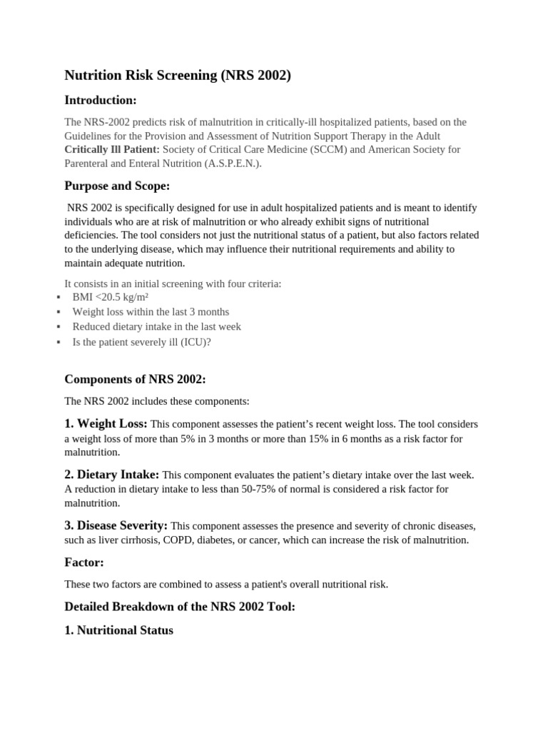 NRS 2002: Nutritional Risk Screening Tool | PDF | Human Nutrition ...