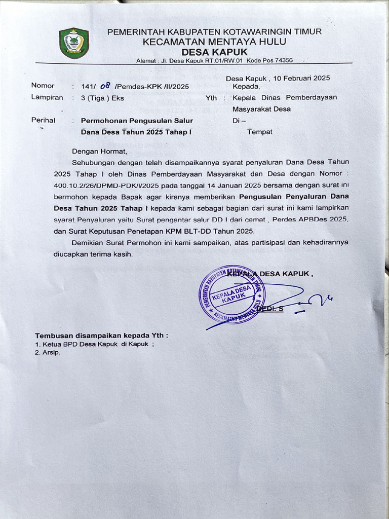 Permohonan Salur DD I 2025 Desa Kapuk | PDF