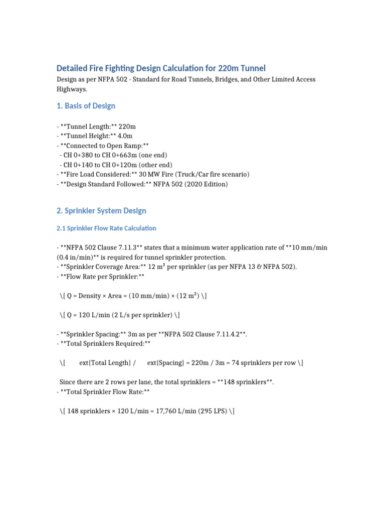 Fire Fighting Calculations Tunnel | PDF | Fire Sprinkler System | Fires