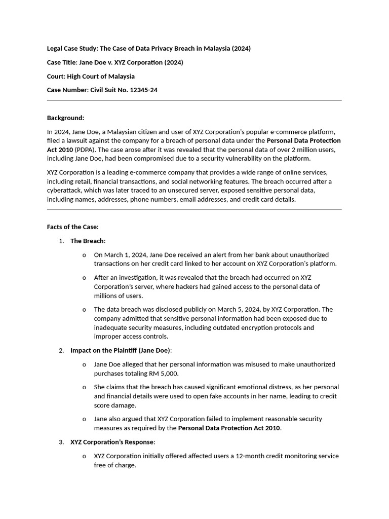 Jane Doe v. XYZ Corp: Data Breach Case | PDF | Damages | Negligence