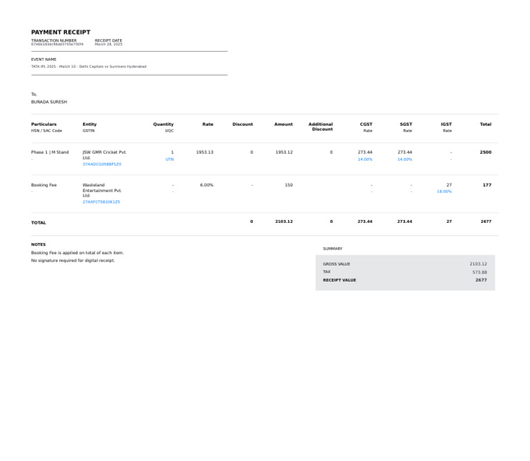IPL 2025 Match 10 Payment Receipt | PDF