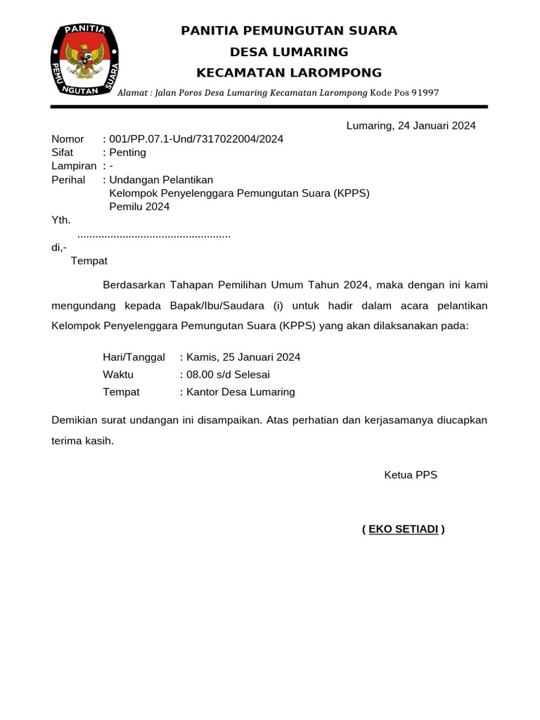 Undangan Pelantikan KPPS Pemilu 2024 | PDF