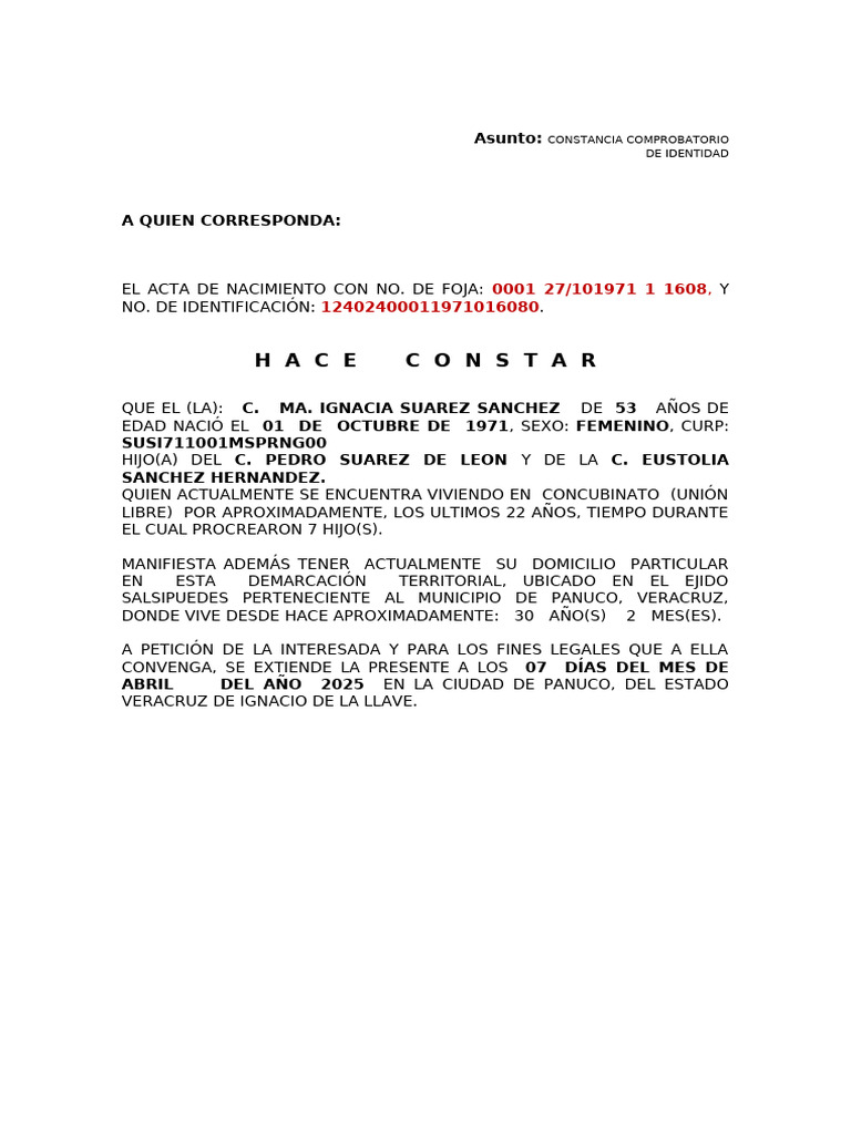 Constancia de Concubinato Union Libre | PDF