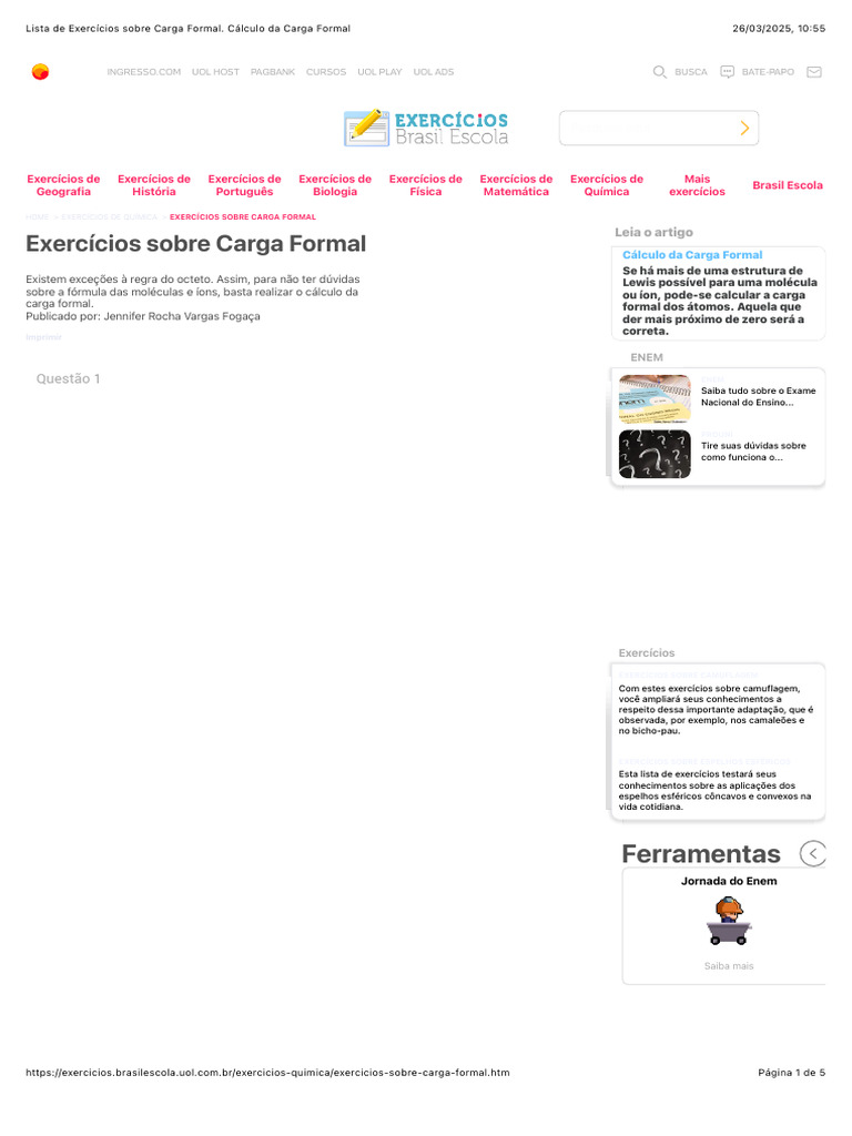 Lista de Exercícios Sobre Carga Formal. Cálculo Da Carga Formal | PDF ...