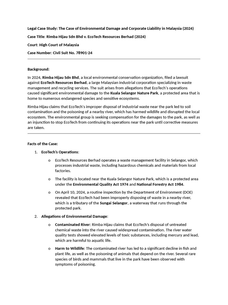 Legal Case Study - The Case of Environmental Damage and Corporate Liability in Malaysia (2024 ...