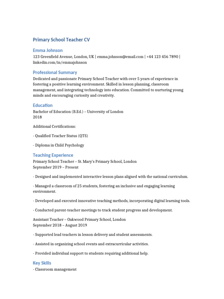 Primary School Teacher CV Example | PDF