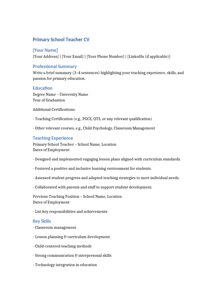 Primary School Teacher CV Template | PDF