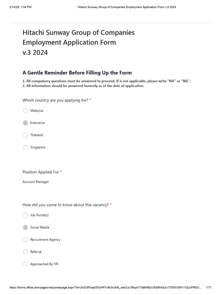 Hitachi Sunway Group of Companies Employment Application Form v.3 2024 ...