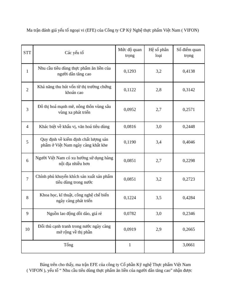 Ma trận efe hoàn chỉnh - nhận xét | PDF