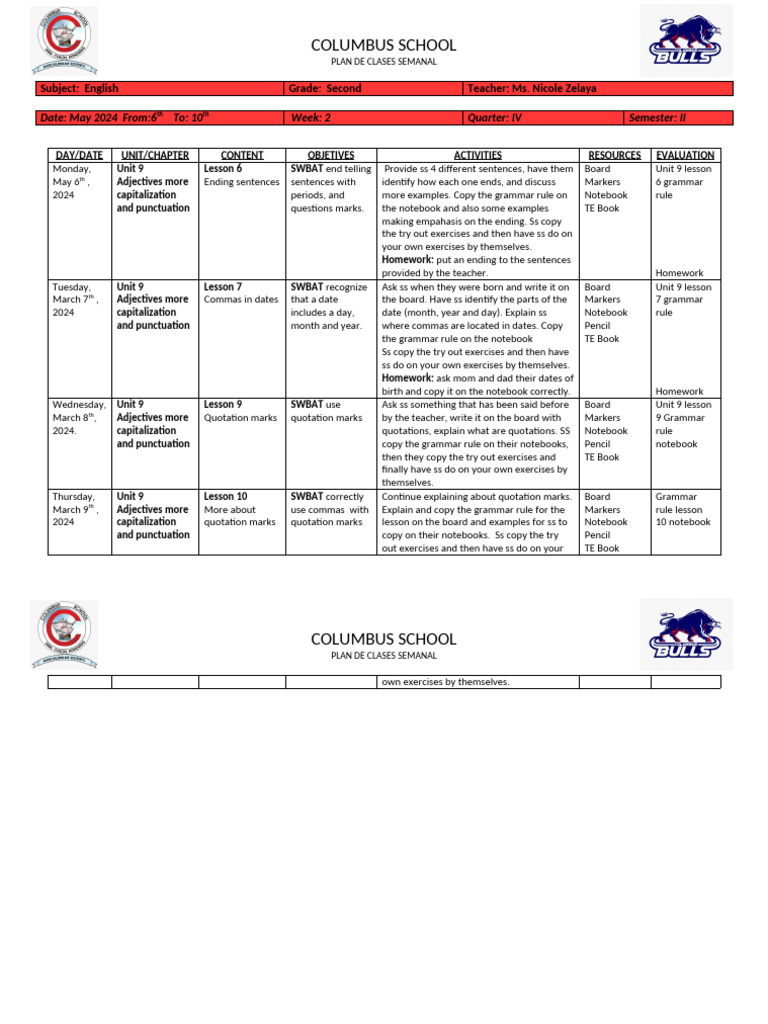 English Lesson Plan Week 3 IV Cycle | PDF | Punctuation | Typographical ...