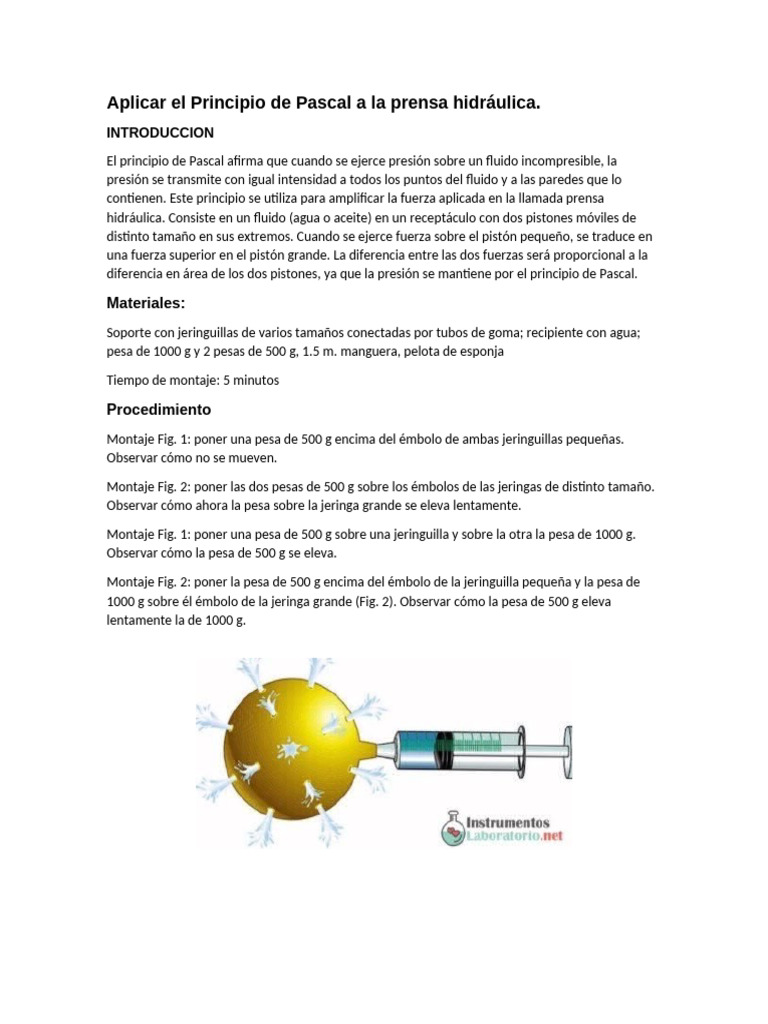 PRACTICA el Principio de Pascal a la prensa hidráulica | PDF | Mecánica | Gases