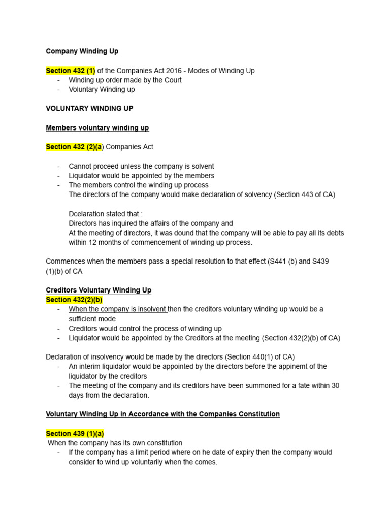 Company Winding Up (Notes) | PDF | Liquidation | Insolvency