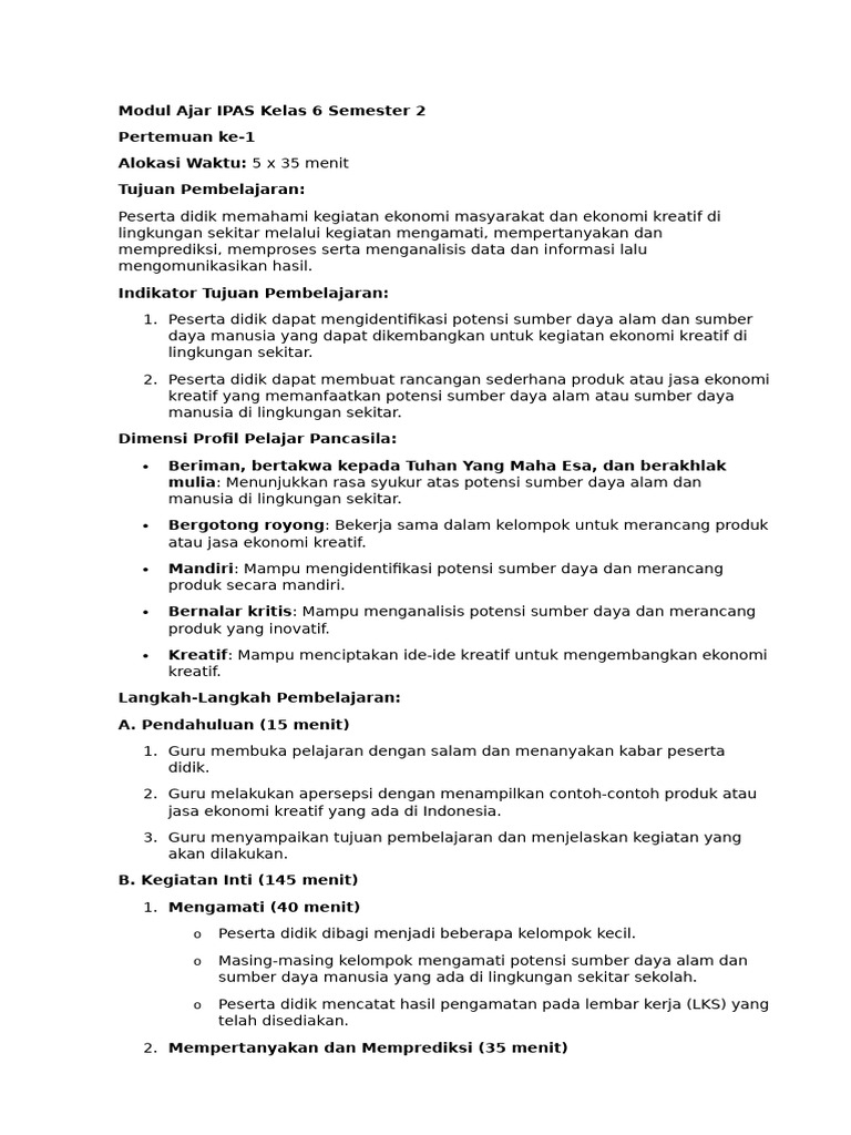 Modul Ajar Ekonomi Kreatif Kelas 6 | PDF