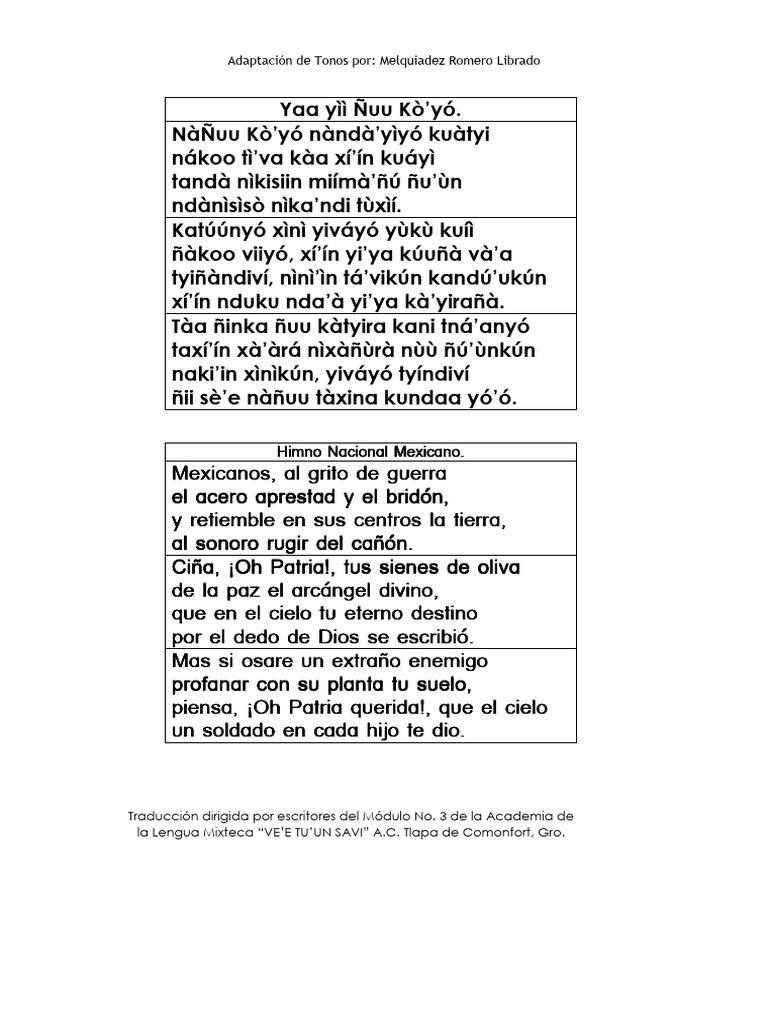Himno Nacional en Mixteco | PDF