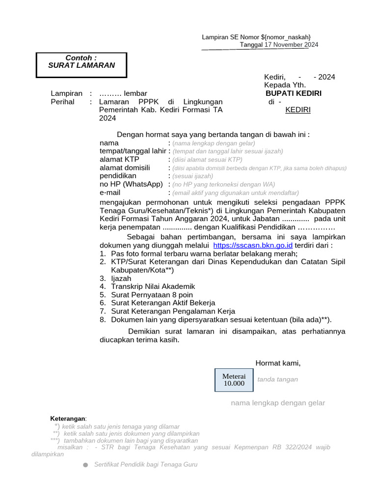 Lampiran Format Lamaran DLL PPPK 2024 - Periode 2 Pakai | PDF