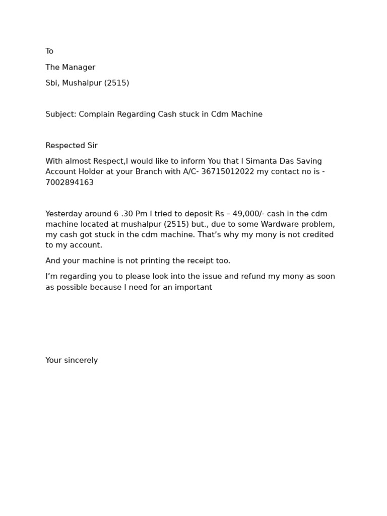 Complaint: Cash Stuck in CDM Machine | PDF