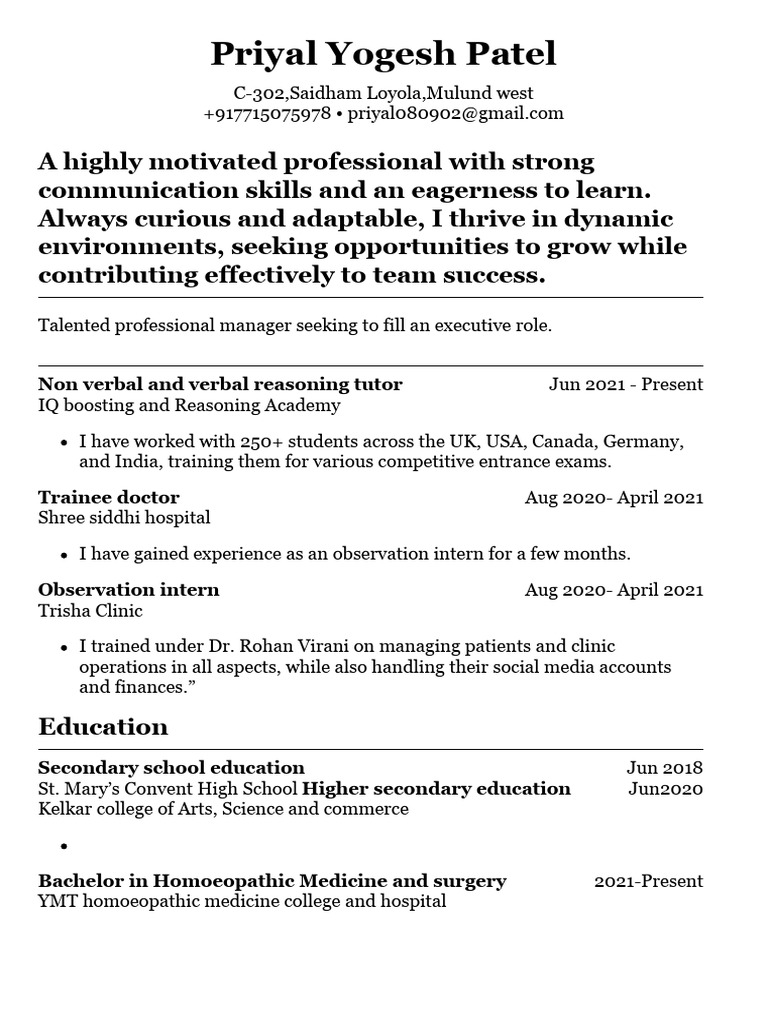 Resume Priyal Yogesh Patel | PDF